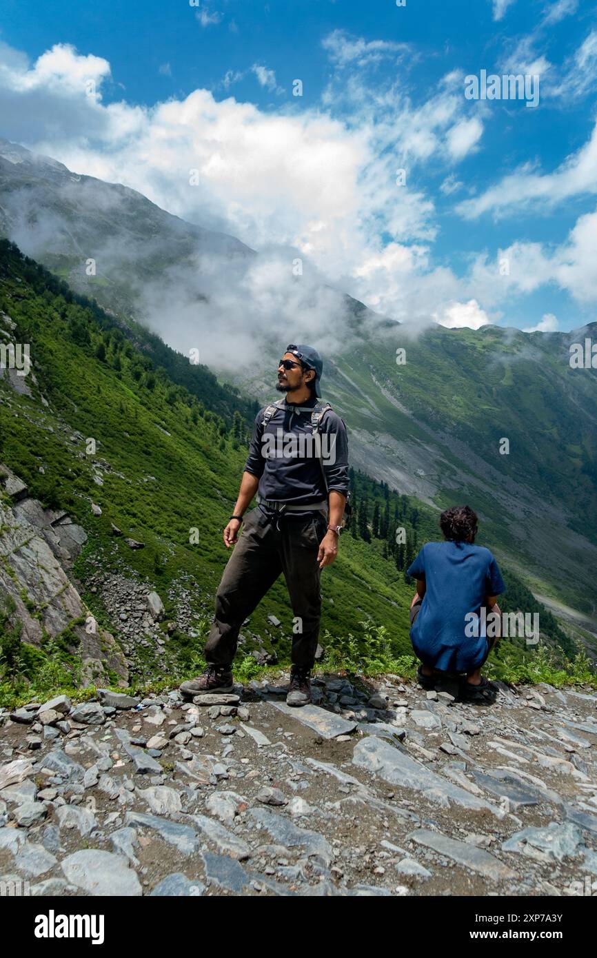 July25th2024, Himachal Pradesh, India. a man enjoys views of deep ...