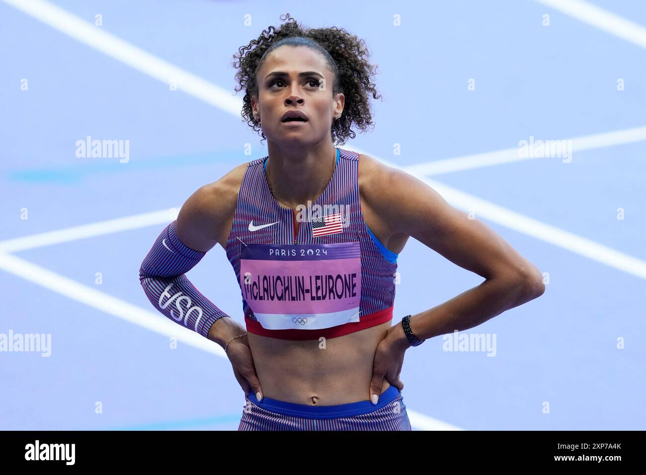 Sydney McLaughlin-Levrone, of the United States, reacts after finishing ...