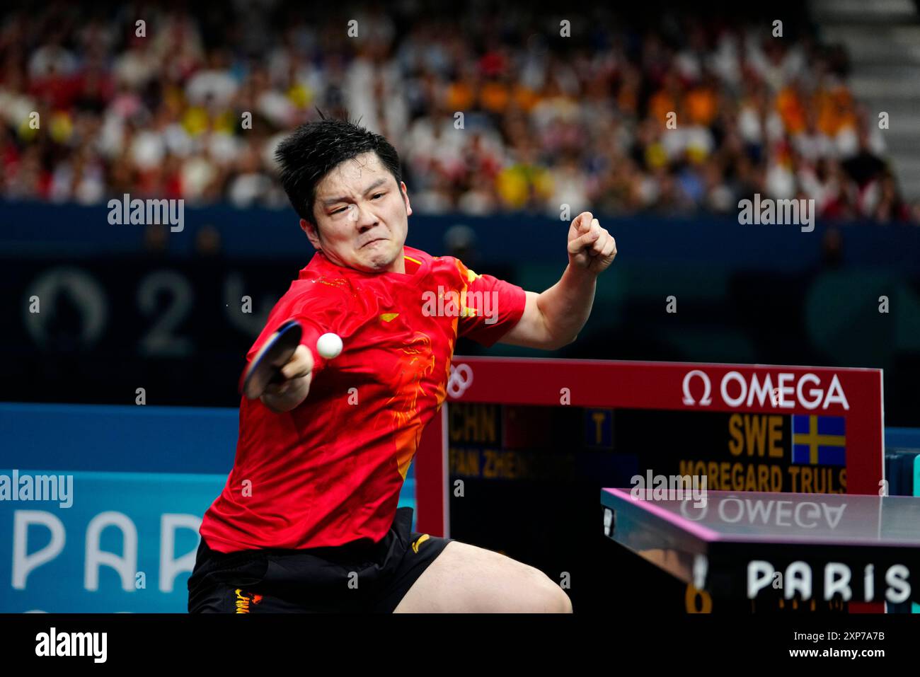 China's Fan Zhendong plays against Sweden's Truls Moregard during the ...