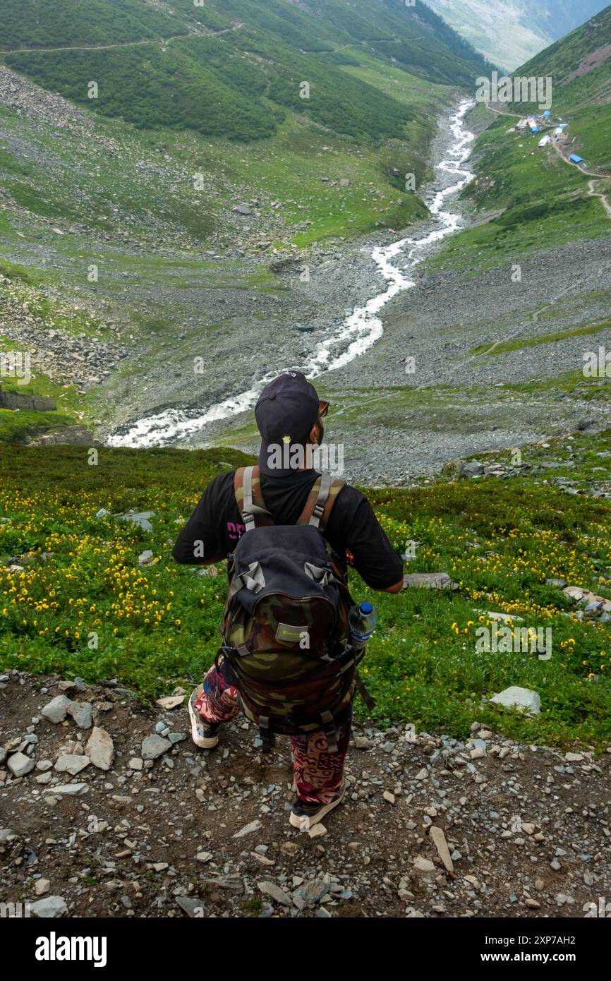July25th2024, Himachal Pradesh, India. a man enjoys views of deep ...