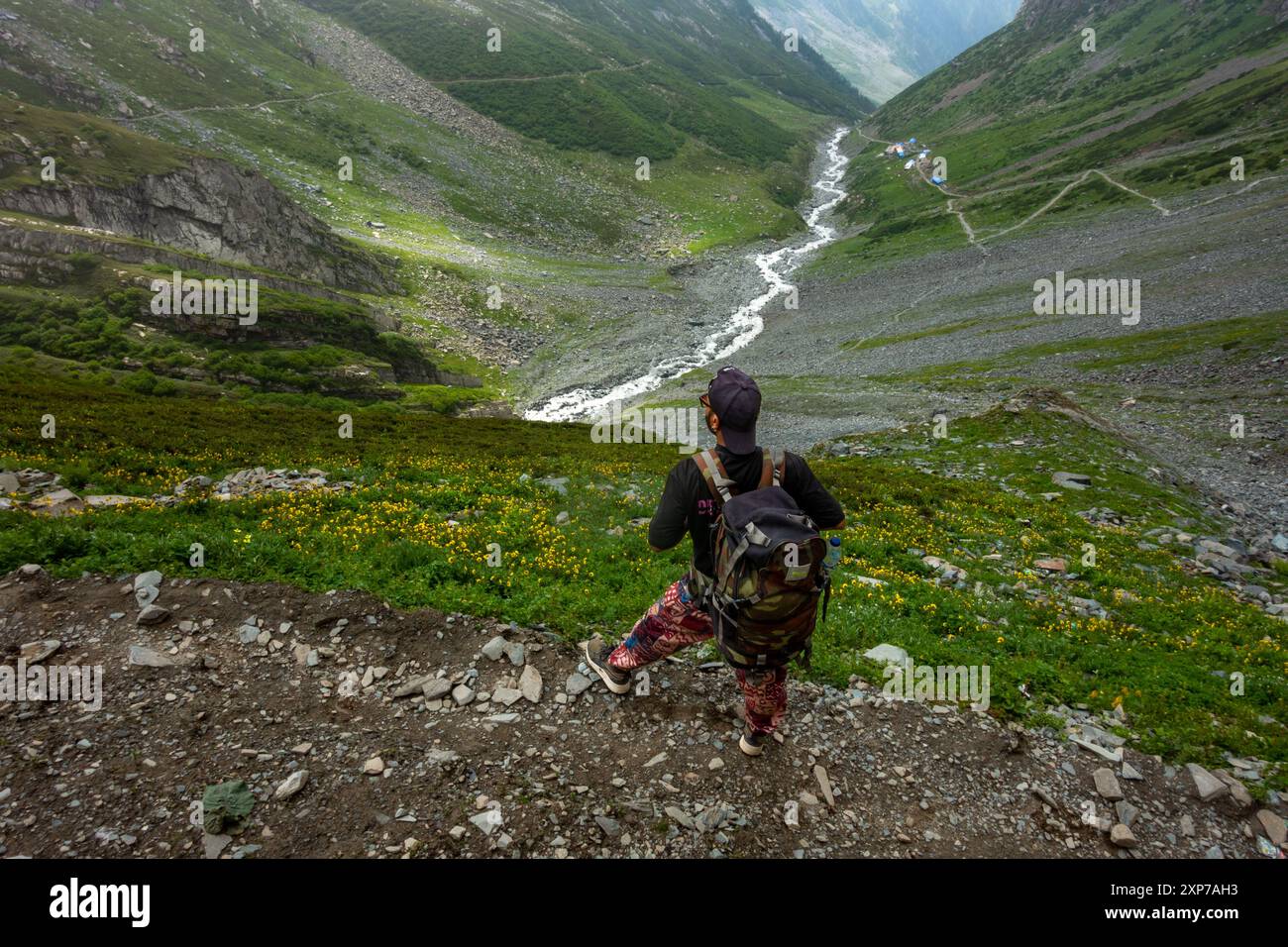 July25th2024, Himachal Pradesh, India. a man enjoys views of deep ...