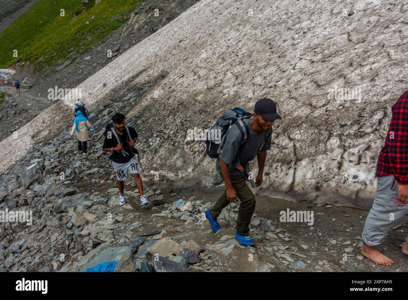 July25th2024, Himachal Pradesh, India. People crossing a glacier ...