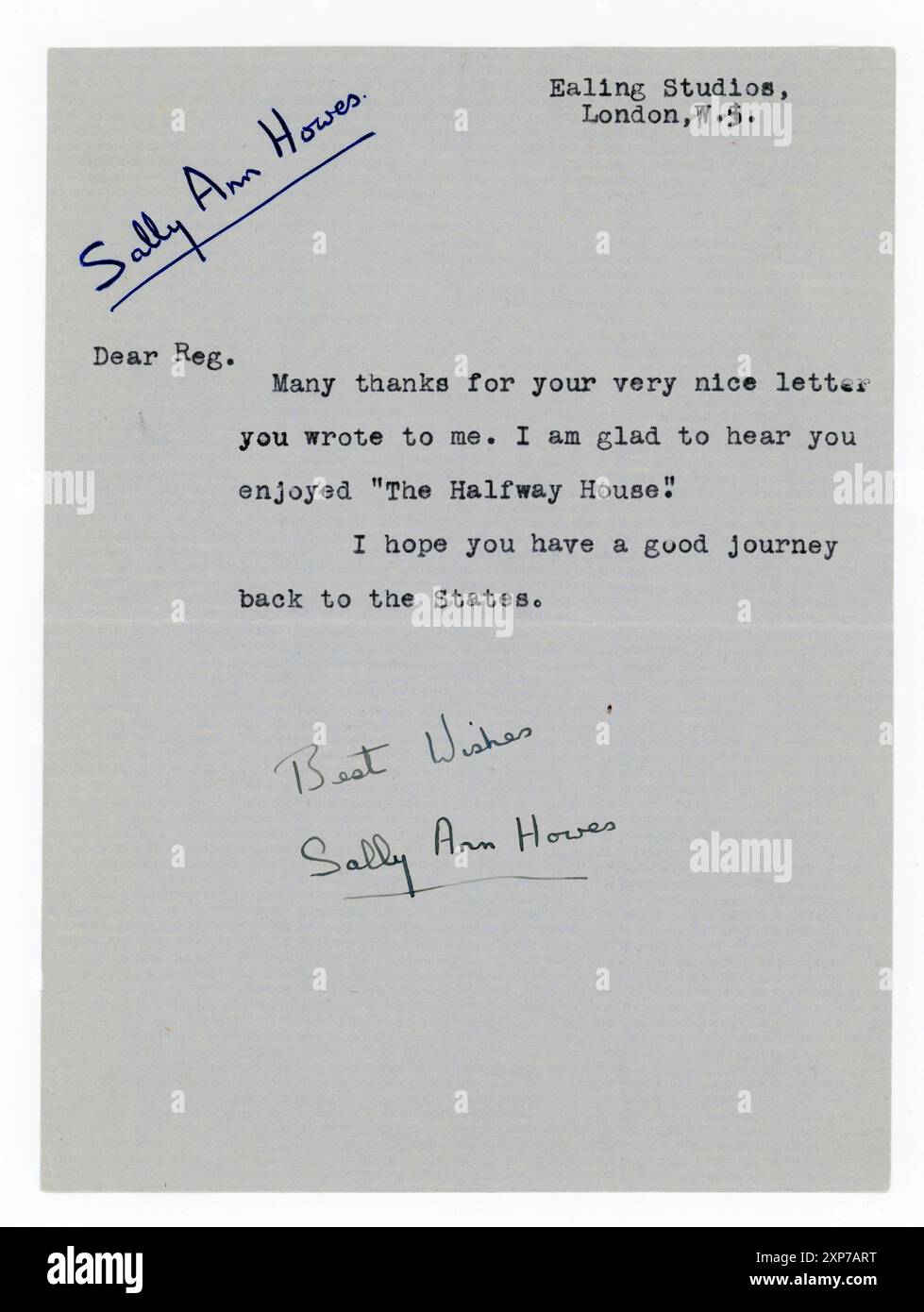 SALLY ANN HOWES letter written in 1945 to a fan regarding her film ...