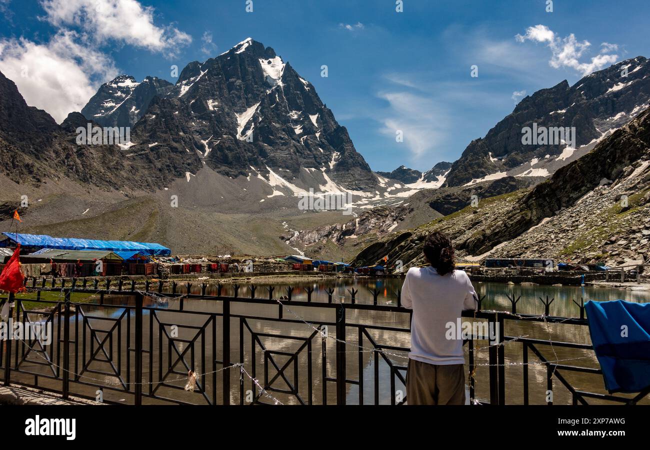 July25th2024, Himachal Pradesh, India. Devotee embraces the beauty of ...