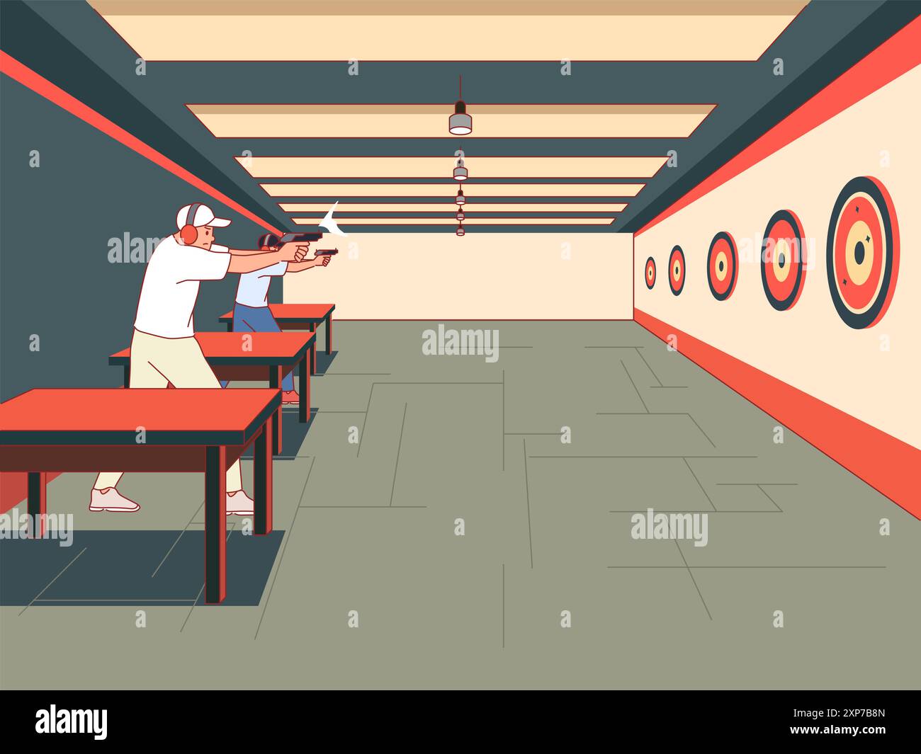 Shooting training. People in shooting range aim at round targets with ...