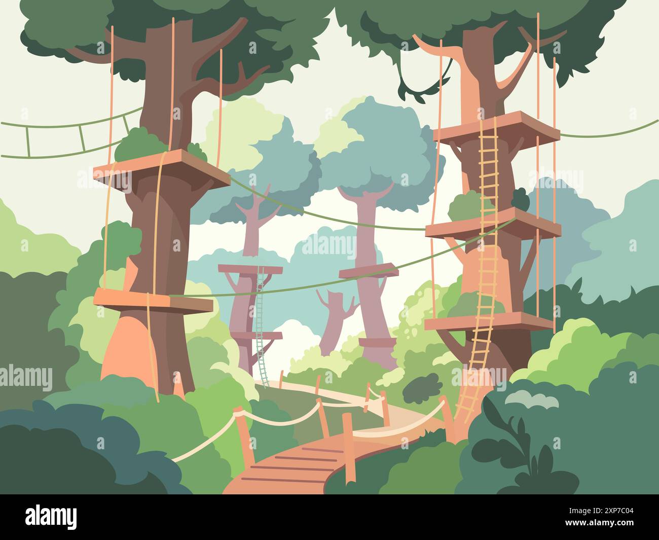 Rope adventure park landscape. Climbing center with suspension bridges, rope ladders and wooden ...