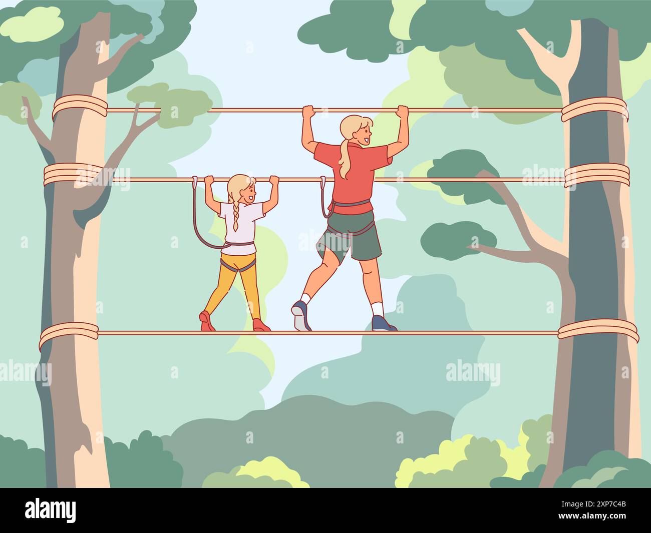 Family in rope adventure park. Mom and daughter walk and climb on rope ...