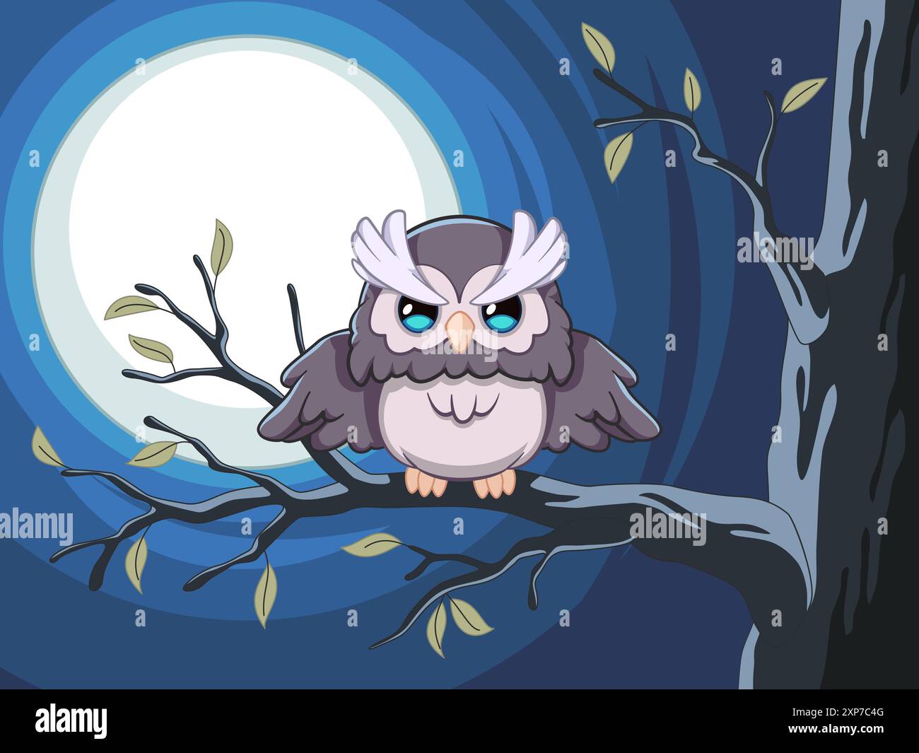 Nocturnal bird of prey on branch. Cute owl in tree at night, halloween ...