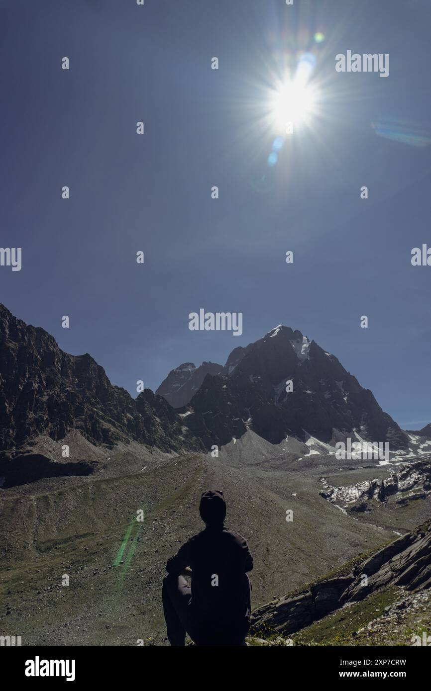 July25th2024, Himachal Pradesh, India. A man in peace against Kailash ...