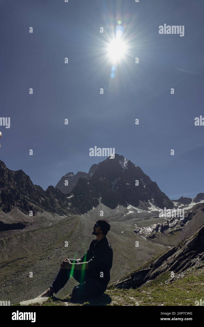 July25th2024, Himachal Pradesh, India. A man in peace against Kailash ...