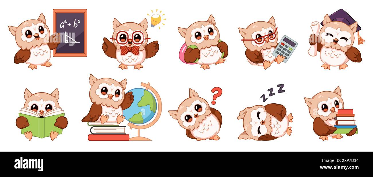 Funny owl characters. Cute wise bird with books, kids mascot, knowledge ...