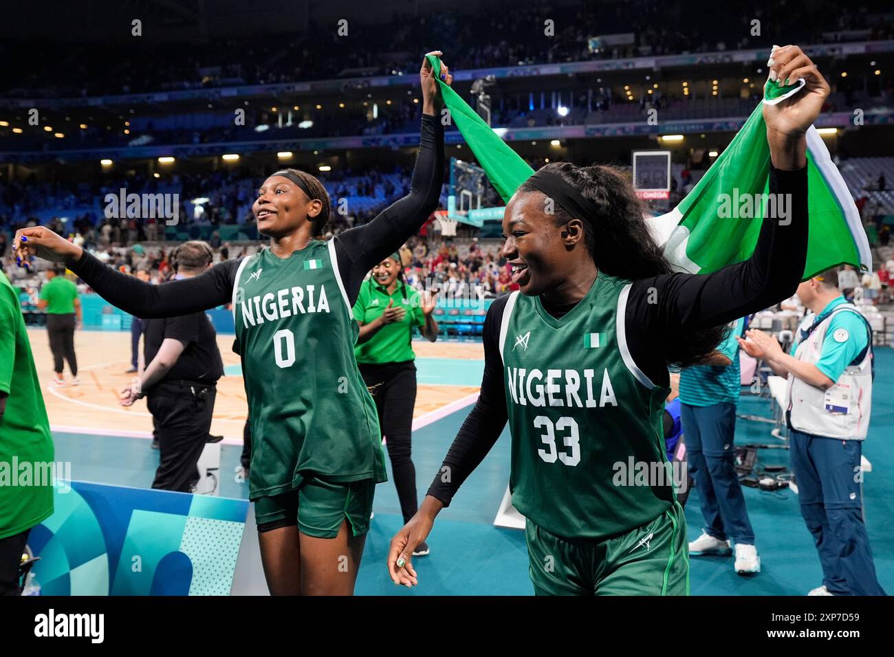 Amy Okonkwo (0) and Nicole Enaosi (33) of Nigeria, celebrate after ...