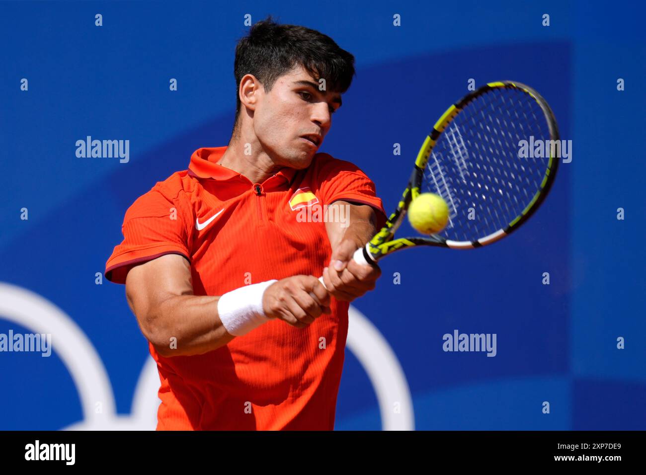 Spain's Carlos Alcaraz backhands to Serbia's Novak Djokovic during the ...