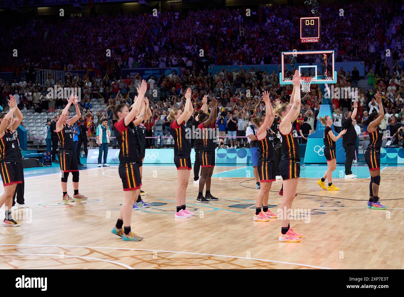 Lille, France. 4th Aug, 2024. Players of Belgium celebrate after the ...