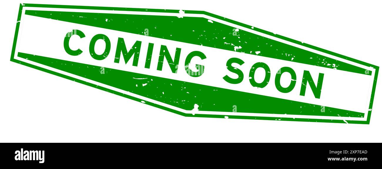 Grunge green coming soon word hexagon rubber seal stamp on white ...