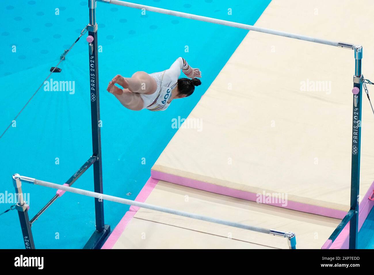 Nina Derwael, of Belgium, performs on the uneven bars during the women ...