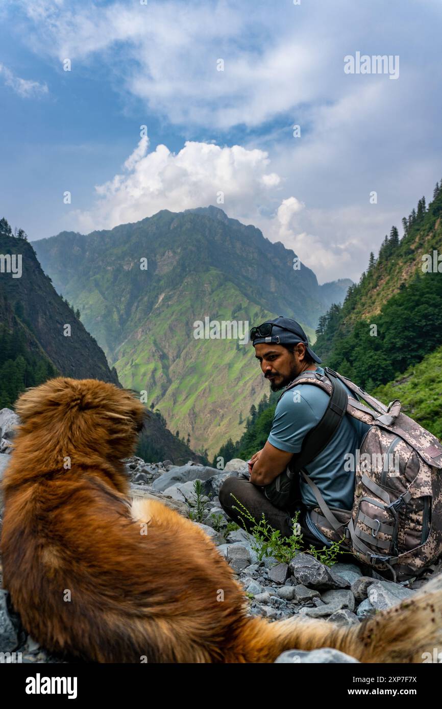 July25th2024, Himachal Pradesh, India. Young adventurer and his loyal ...