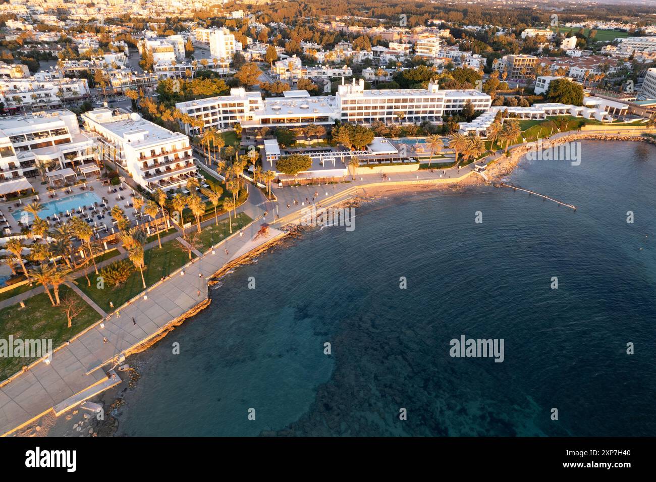 Drone aerial view of Paphos coastal city at sunset. Cyprus holiday ...