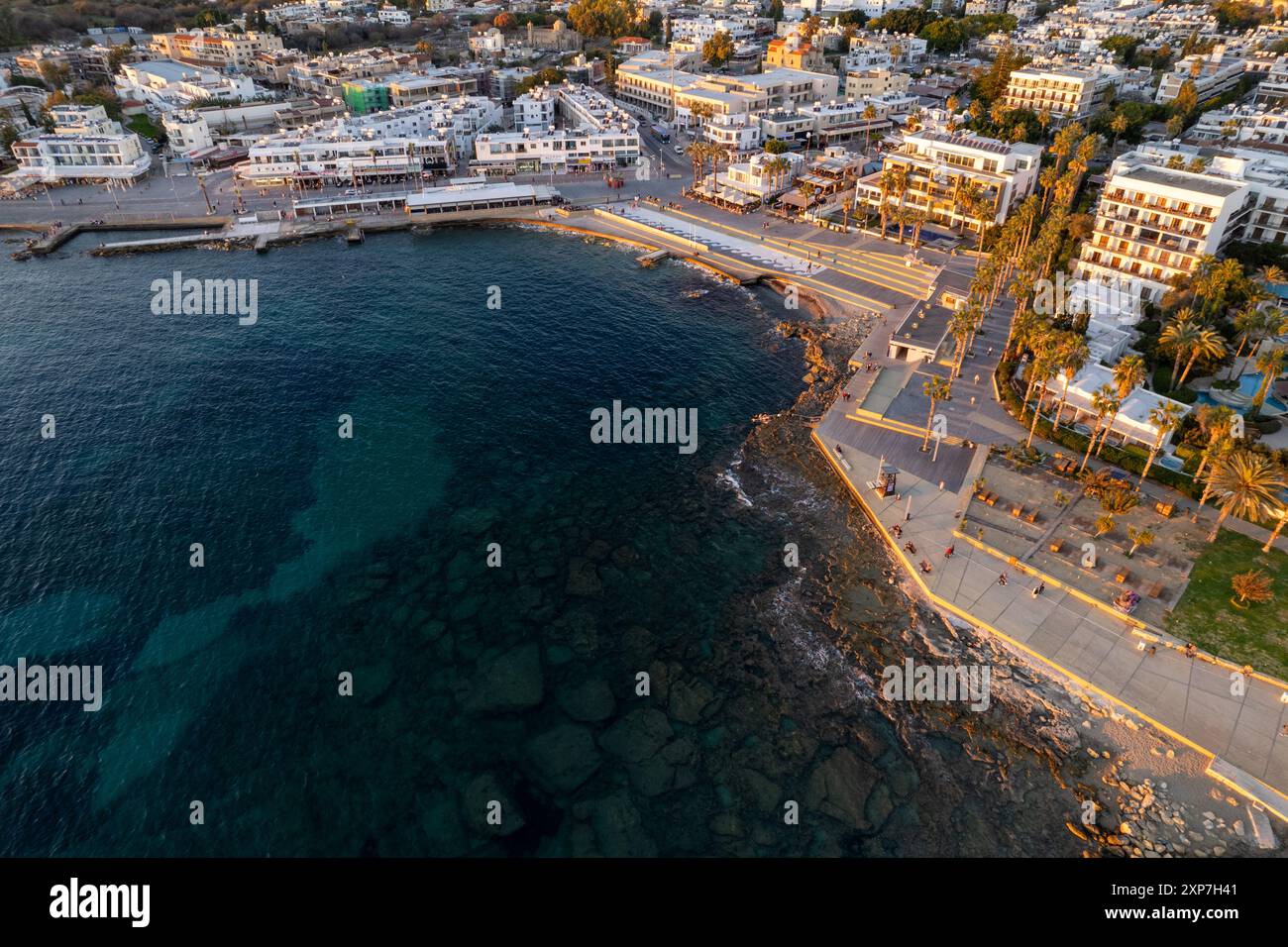 Drone aerial view of Paphos coastal city at sunset. Cyprus holiday ...