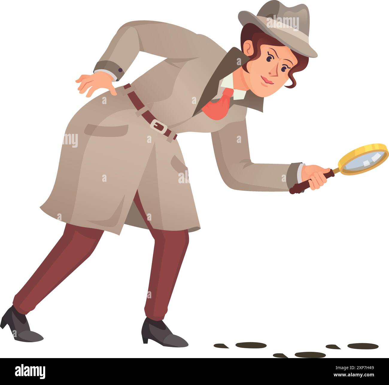Female detective look on foot trail with magnifying glass isolated on ...