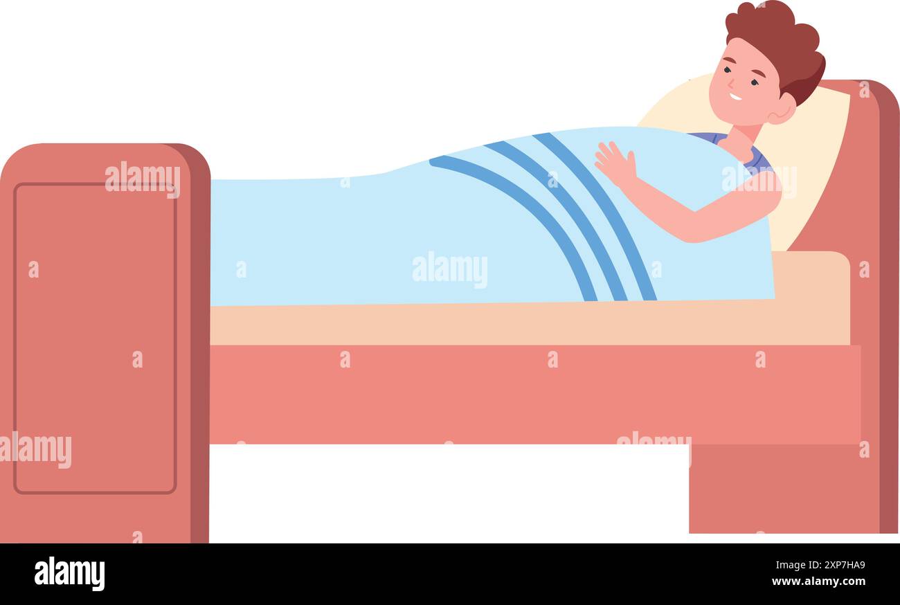 Boy lay in bed. Kid resting at night. Child bedroom isolated on white ...