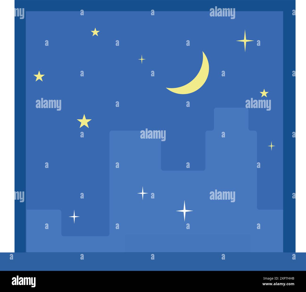 Night cityscape in window frame. Dark sky landscape. Vector ...