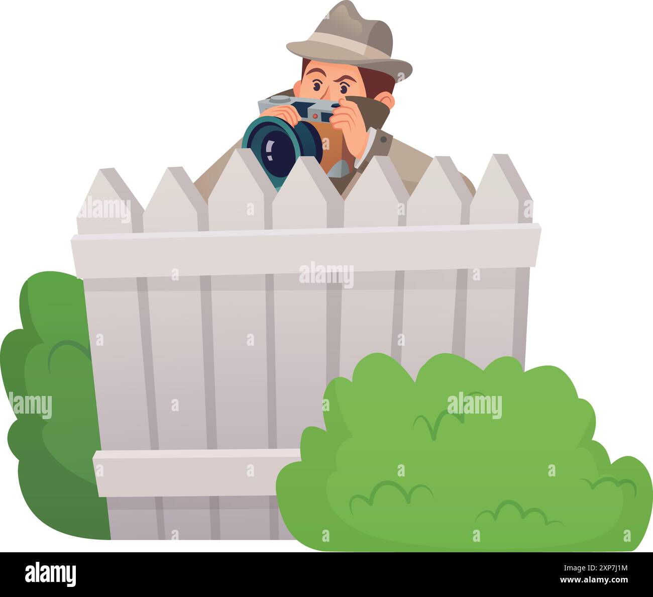 Private investigator make photo from bush. Cartoon spy isolated on ...