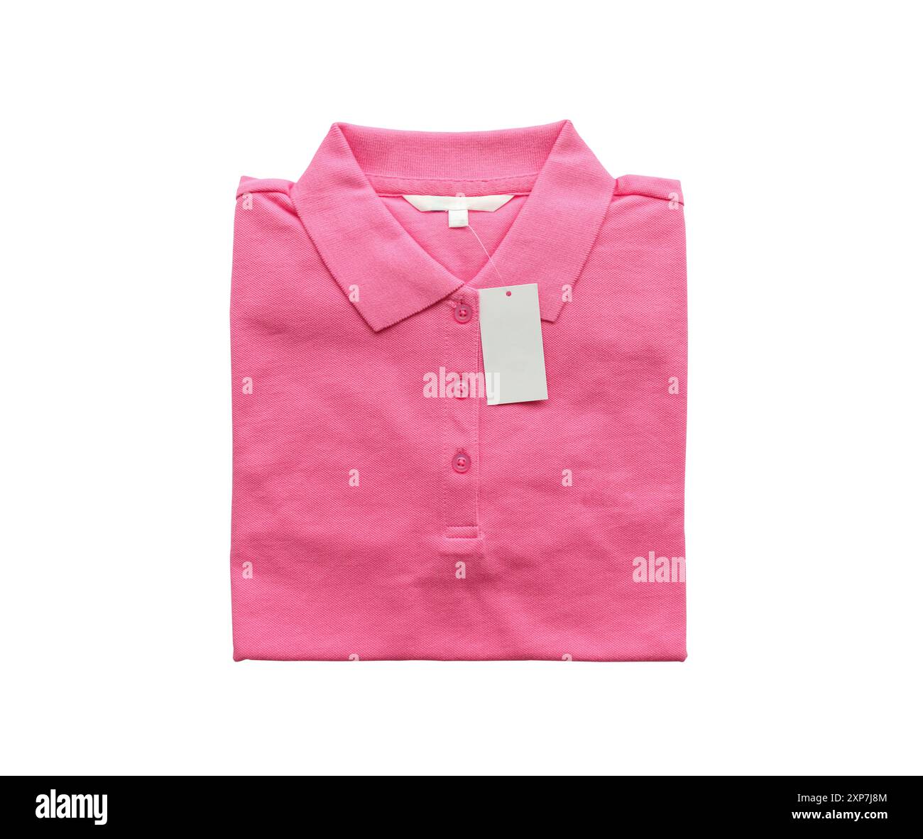 Blank white clothes tag label on new pink shirt isolated on white ...