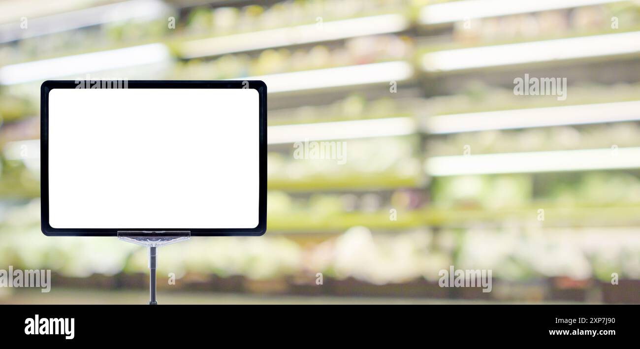 Mock up blank price board poster sign display with supermarket aisle ...