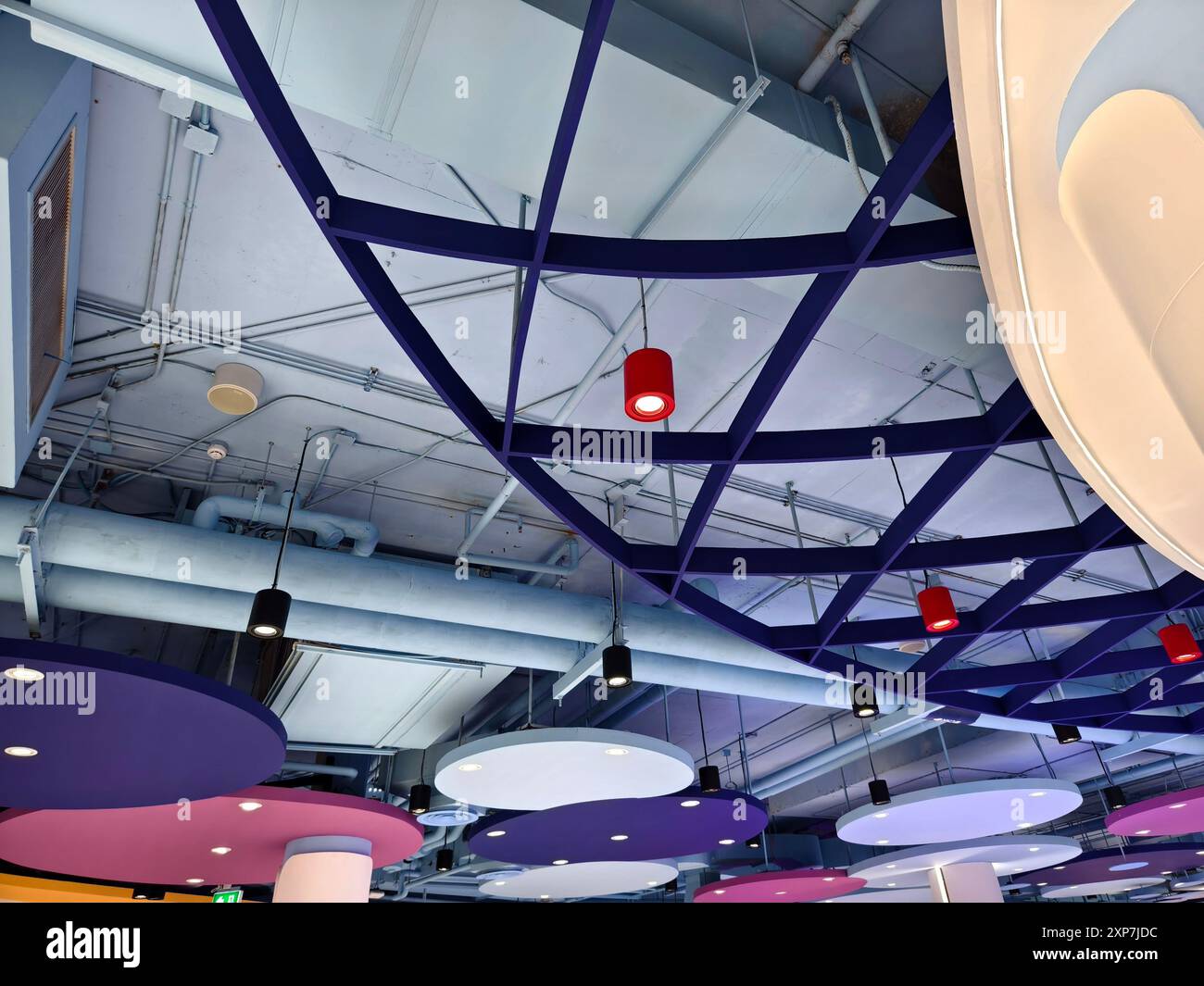 Ceiling with ventilation pipes and lights in industrial building Stock ...