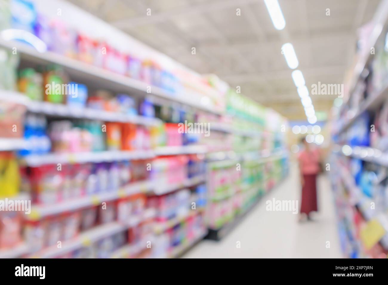 supermarket aisle with product shelves interior defocused blur ...