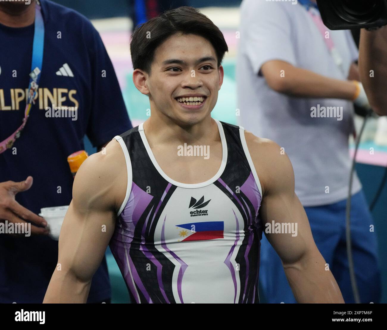 Carlos Edriel Yulo of Philippines reacts after competing in the Men's Gymnastics Vault Finals at ...