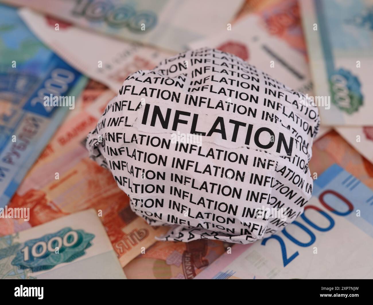 Crumpled paper ball with words Inflation lying on Russian ruble ...