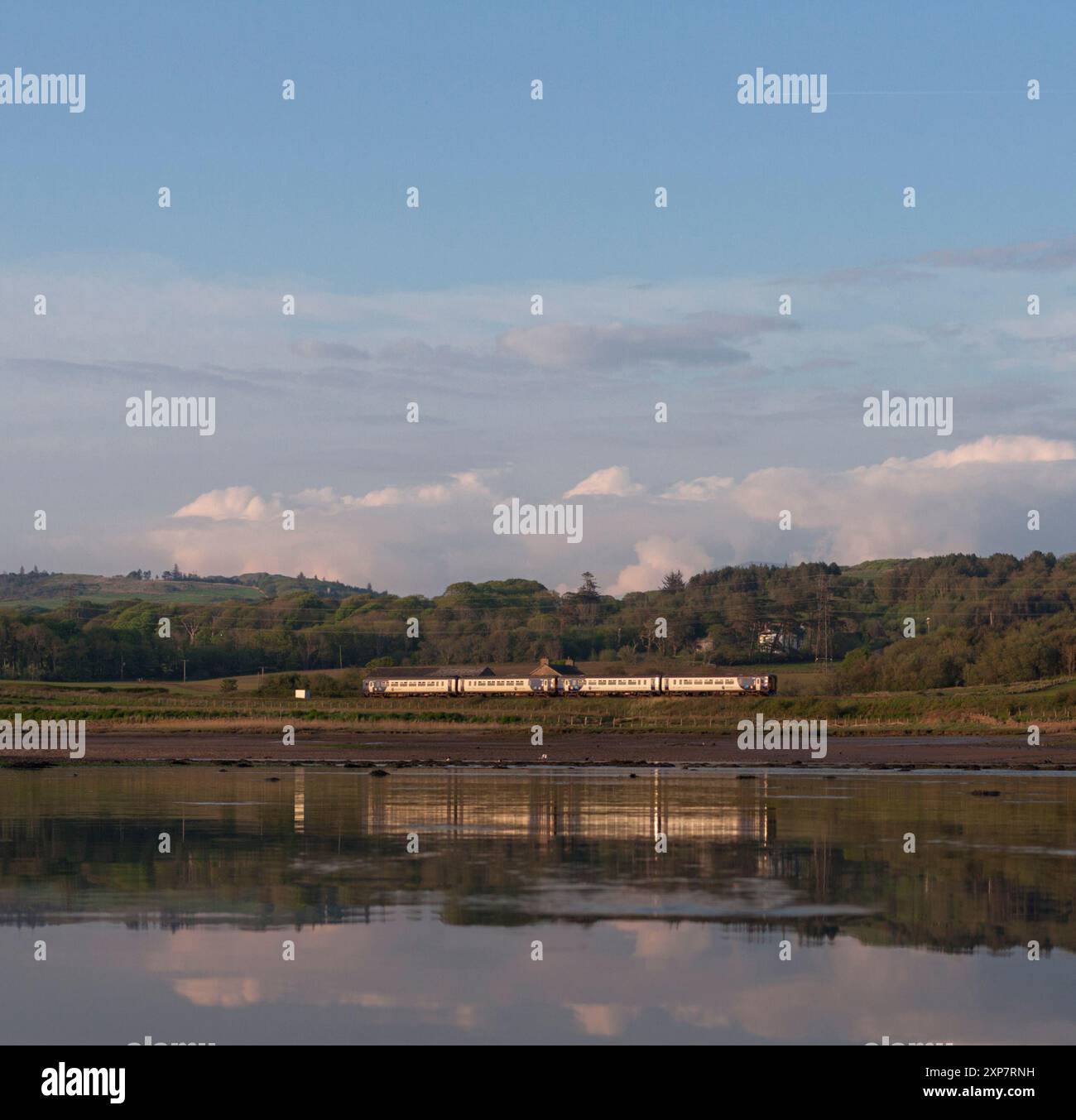 2 Northern Rail class 156 diesel trains passing Ravenglass, reflected ...