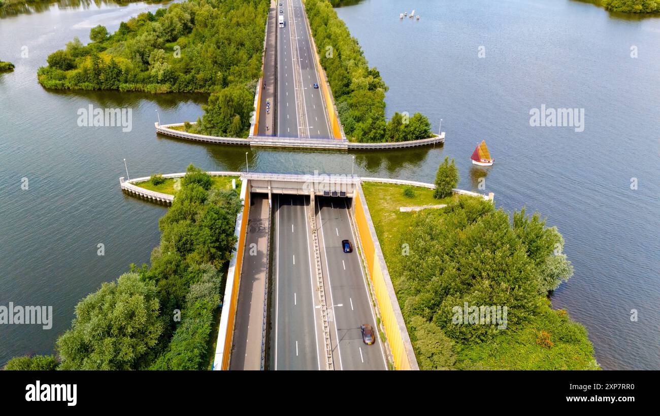 An aerial view of the Aquaduct Veluwemeer in the Netherlands ...
