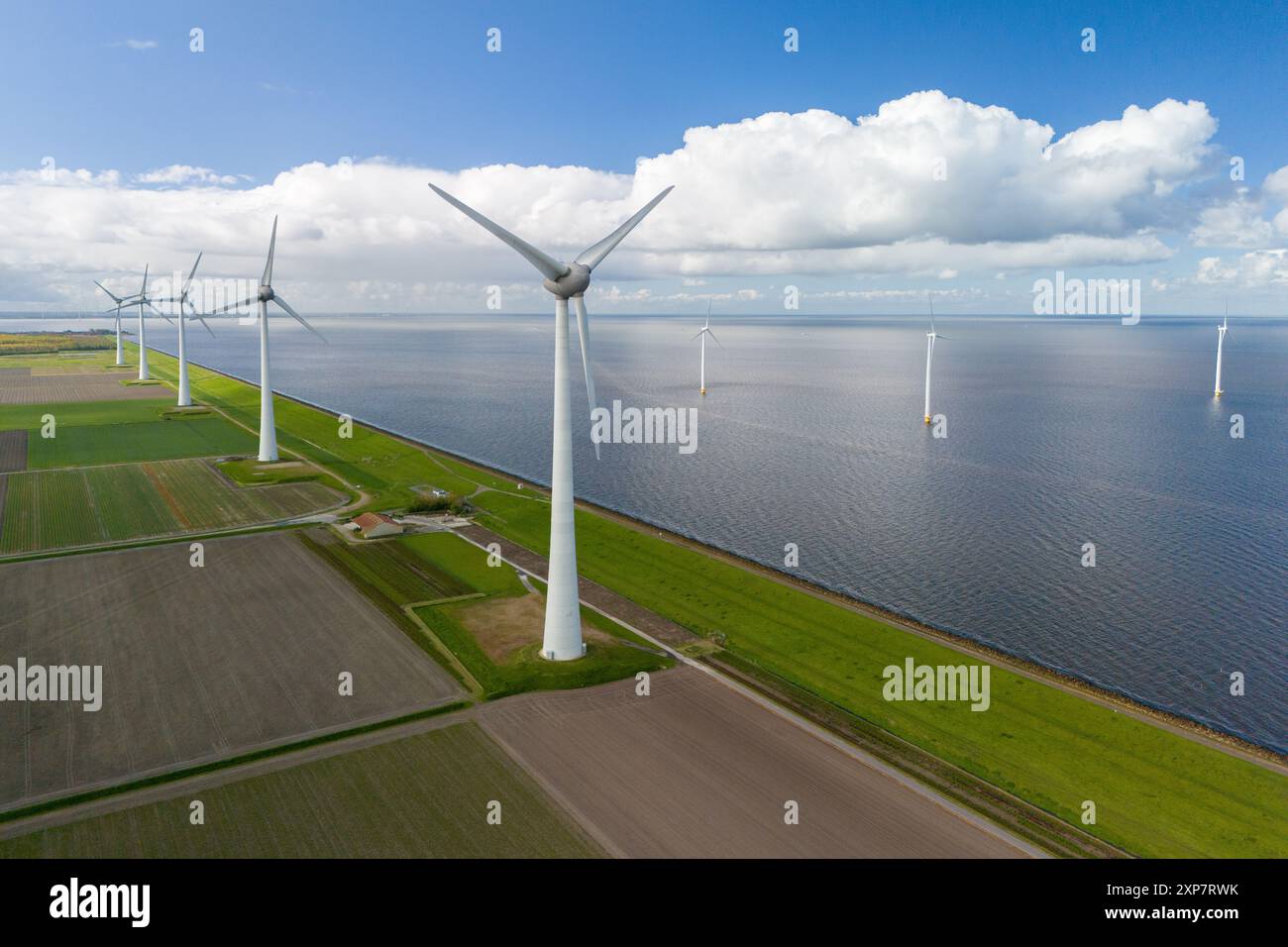 Giant wind turbines gracefully spin beside calm waters, surrounded by ...