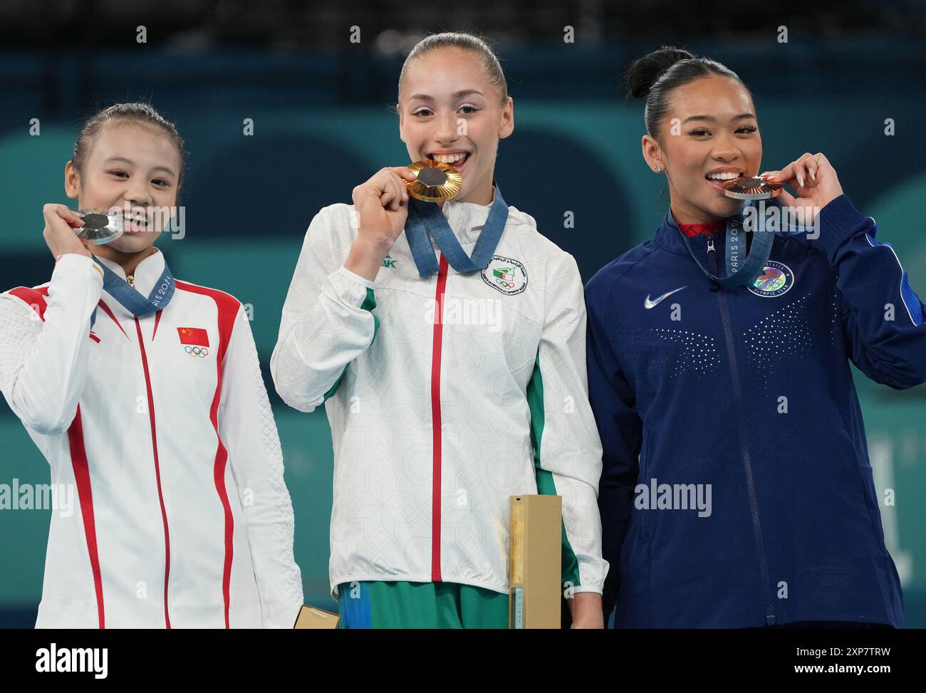 Paris, France. 04th Aug, 2024. Women's Gymnastics Uneven Bars gold medalist Kaylia Nemour of ...