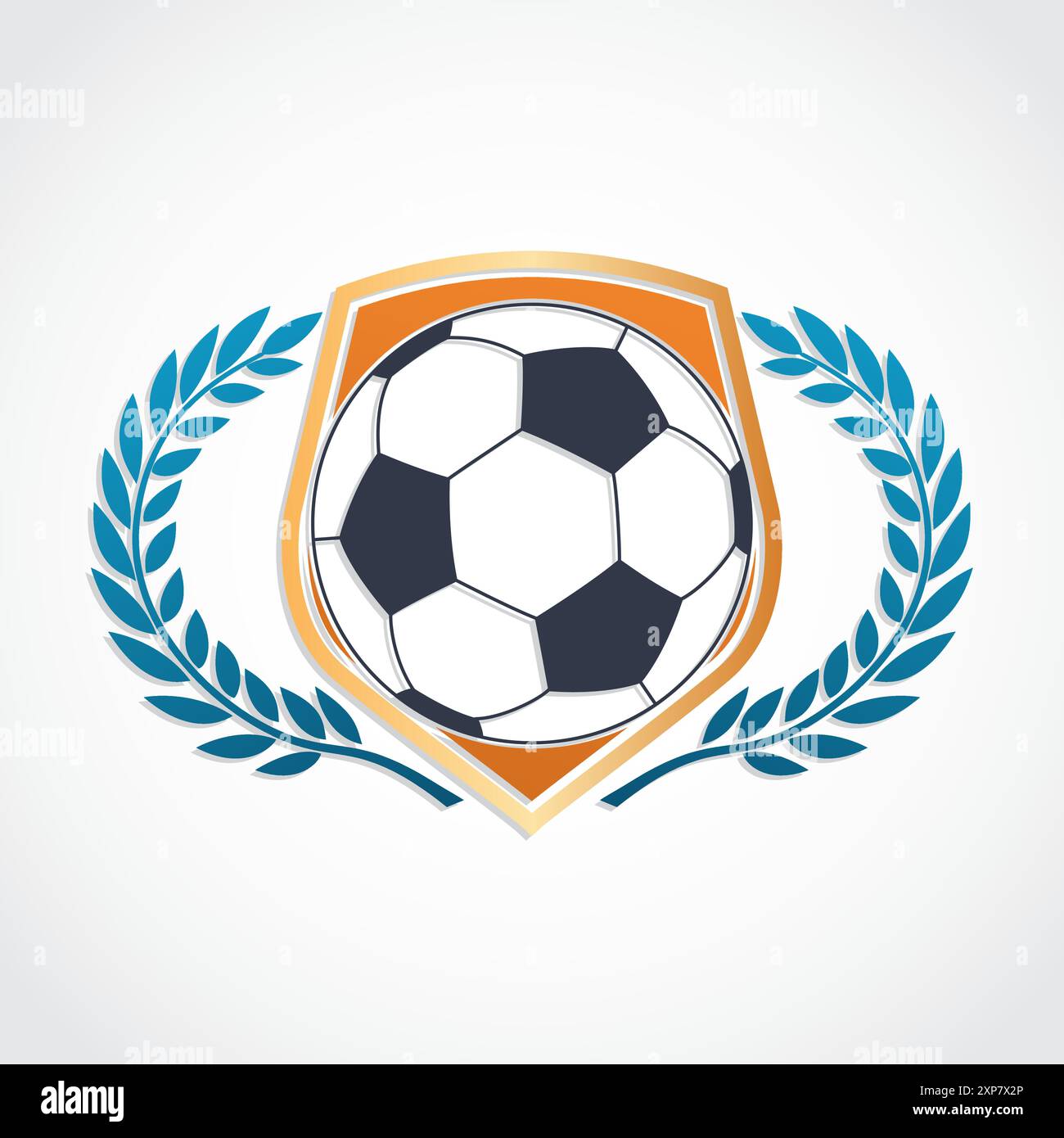 football ball on shield and laurel wreath, blue orange logo Stock ...