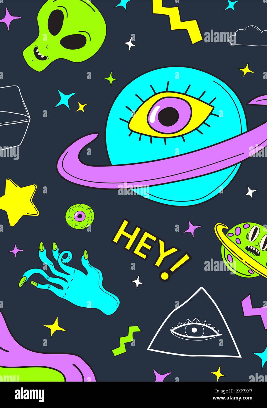 Retro alien acid cover template. Psychedelic style. Vector illustration ...