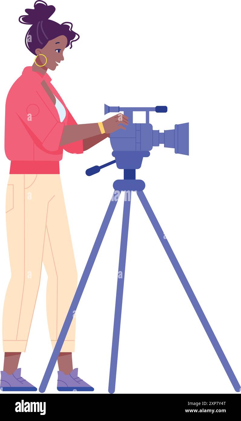 Black girl with professional camera. Video shooting character isolated ...