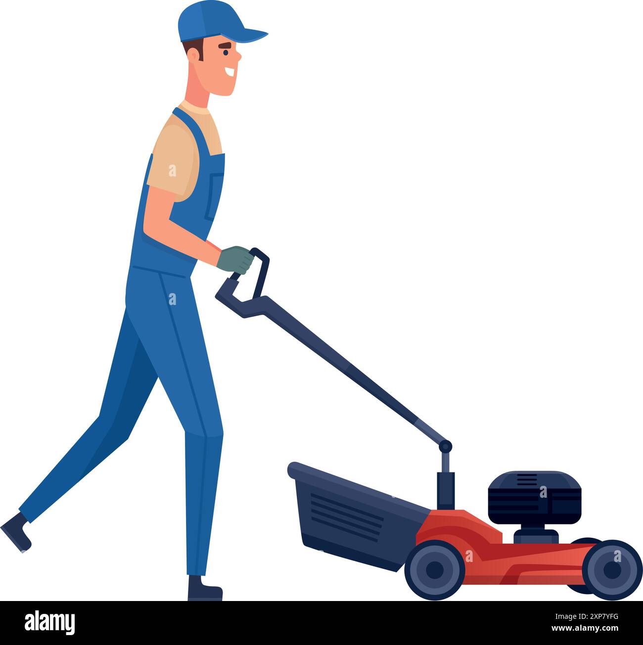 Gardener trim lawn with lawnmover. Yard maintenance worker isolated on ...