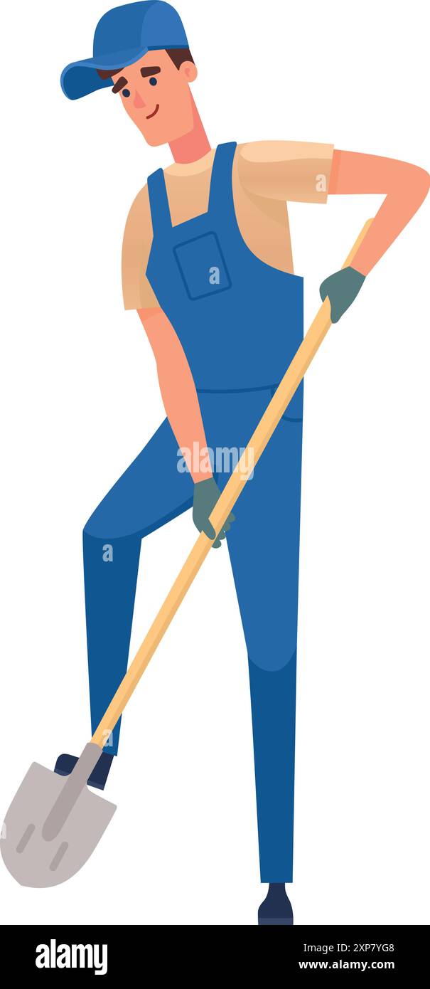 Farmer digging ground soil with shovel. Gardener color character ...