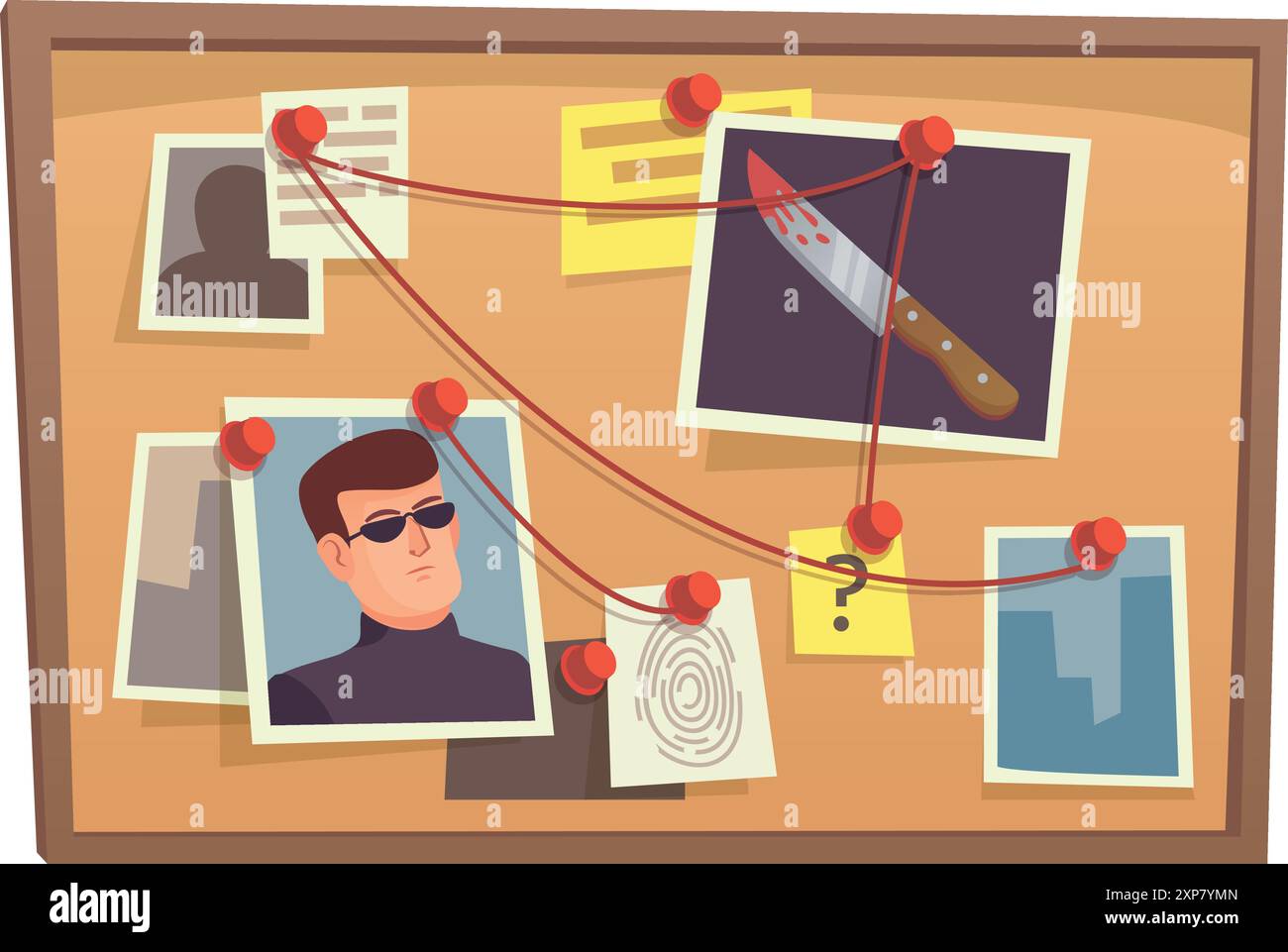 Detective investigation corkboard with crime evidence cartoon icon isolated on white background ...