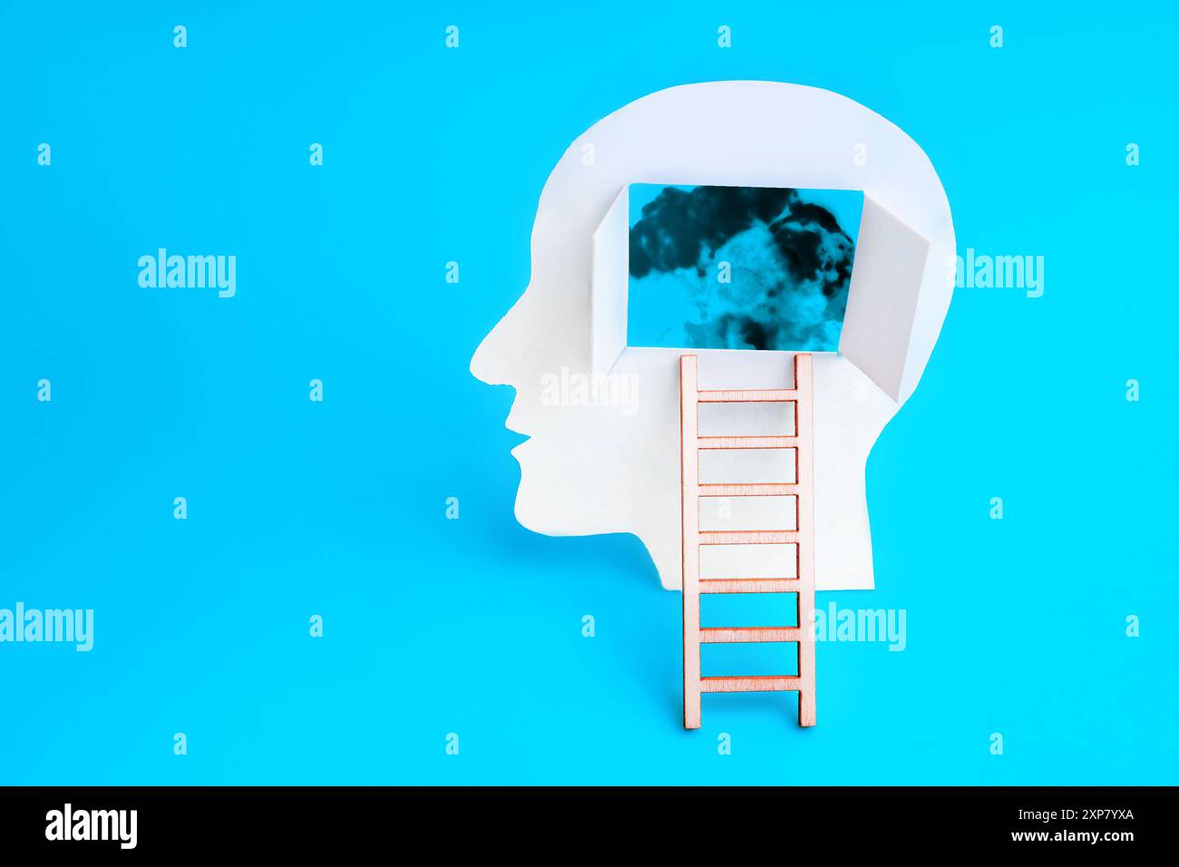 Paper head on blue with a wooden ladder leading to an open window in ...