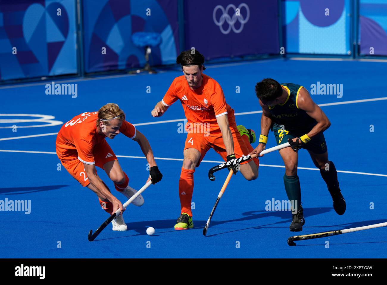 Australia's Tim Brand, right, is challenged by Netherlands' Joep De Mol ...