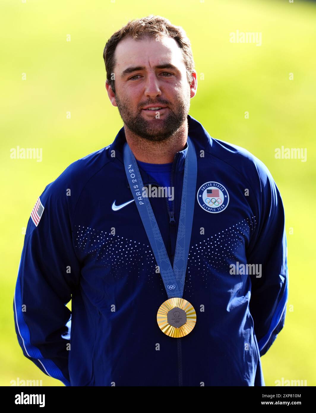 USA's Scottie Scheffler with his gold medal following the Men's ...