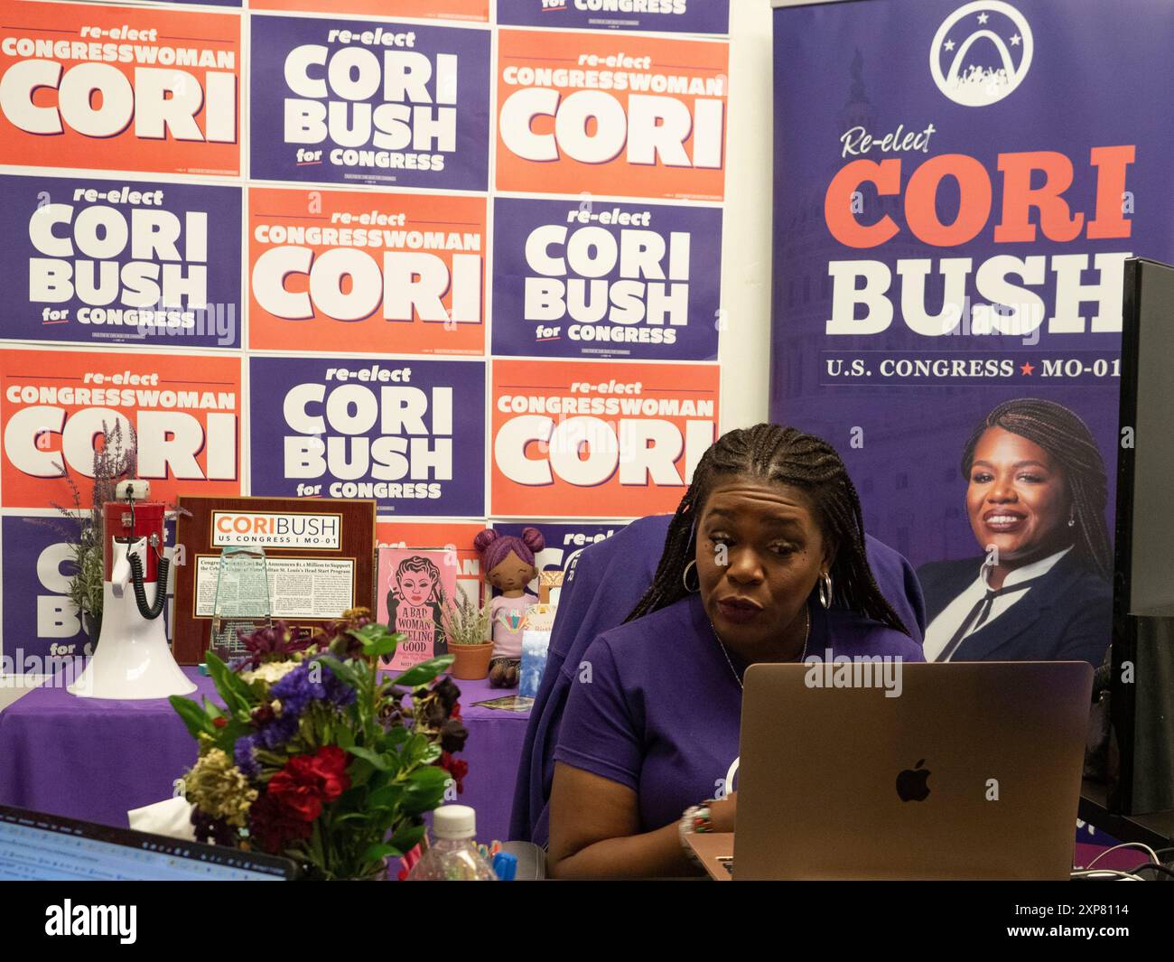 St. Louis, Missouri, USA. 3rd Aug, 2024. Rep. CORI BUSH (D-MO) speaks ...