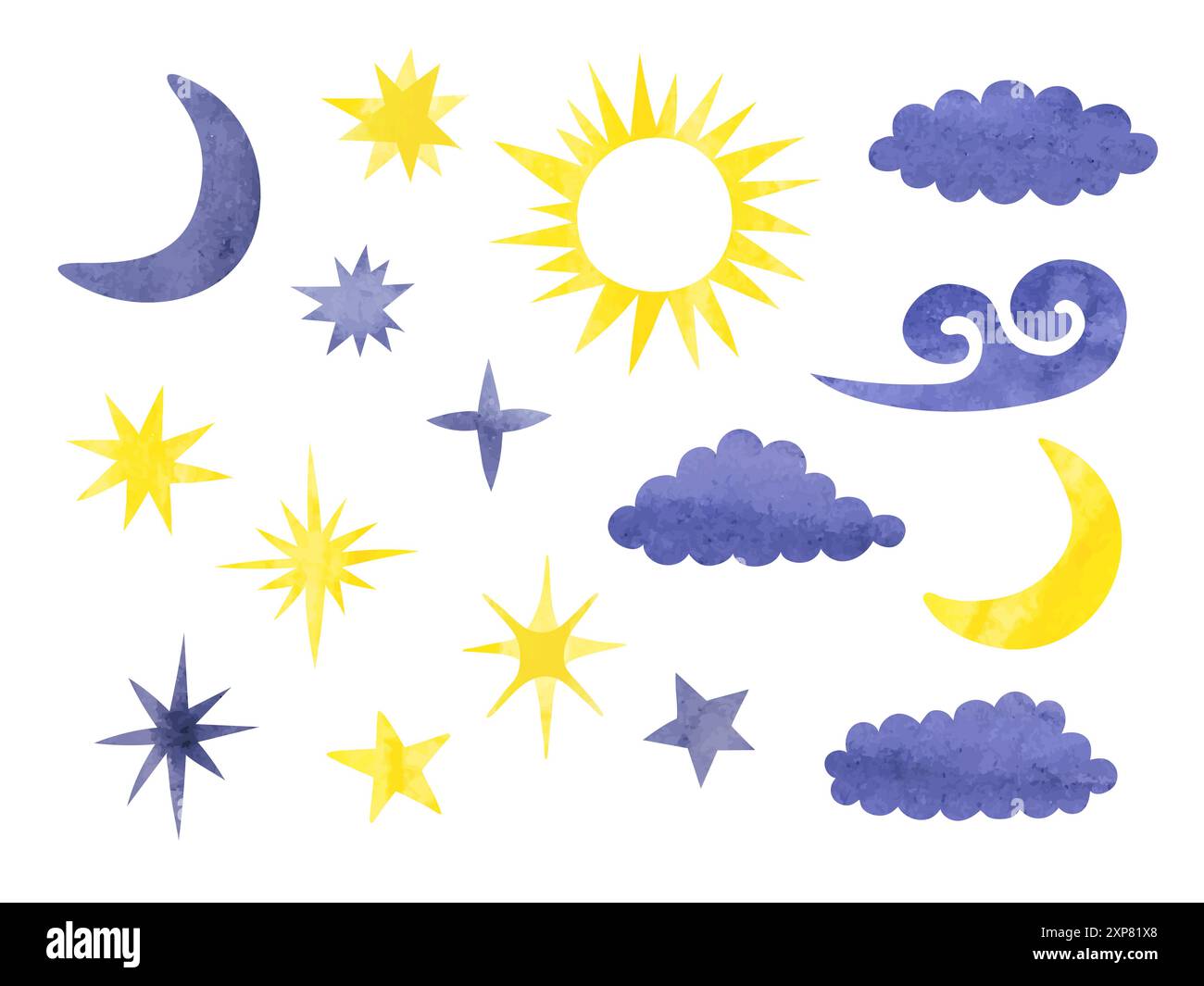 Watercolor moon, stars and clouds set. Vector celestial illustration ...