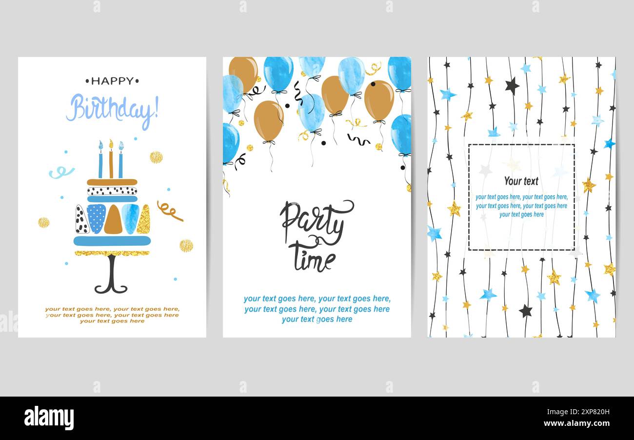 Happy Birthday cards set in blue and golden colors. Celebration vector ...