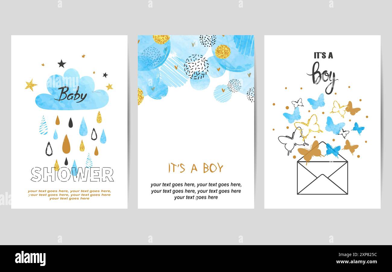 Baby shower boy cards set. Vector invitation birthday party card design ...